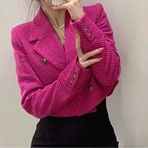 Zara | Jackets & Coats | Zara Pink Textured Tweed Cropped Jacket Blazer ...